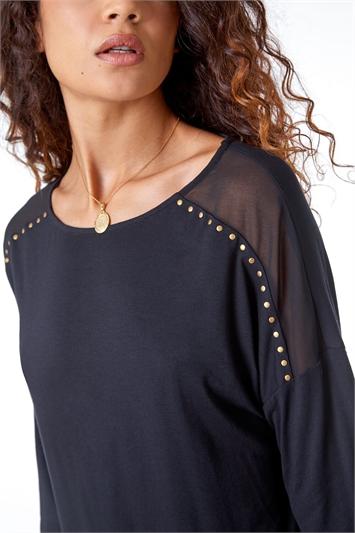 Satin Front Embellished Top in Black - Roman Originals UK