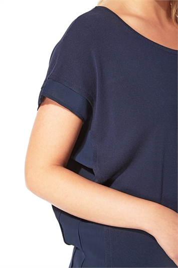 Chiffon Panel Knit T-Shirt in Navy - Roman Originals UK