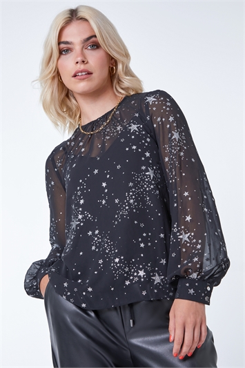 Metallic Star Print Blouse in Black - Roman Originals UK