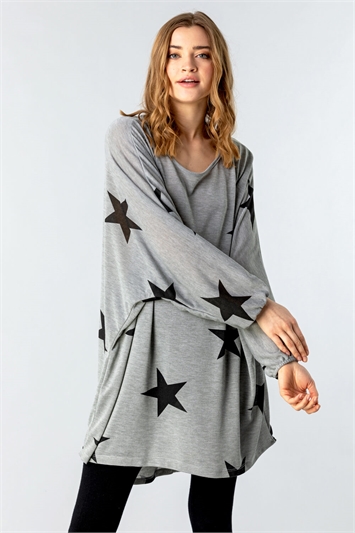 One Size All Over Star Print Lounge Top in Grey - Roman Originals UK