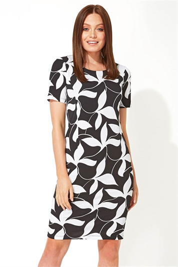 Abstract Leaf Textured Print Shift Dress in BLACK - Roman Originals UK