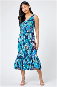 Petite Abstract Print Pleated Dress in Blue - Roman Originals UK