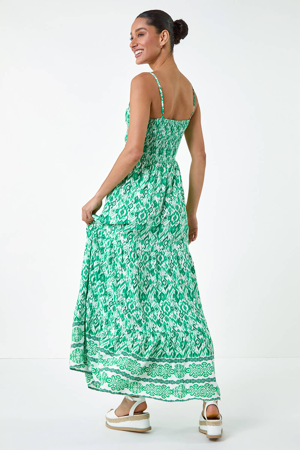 Green Aztec Border Print Shirred Maxi Dress | Roman UK