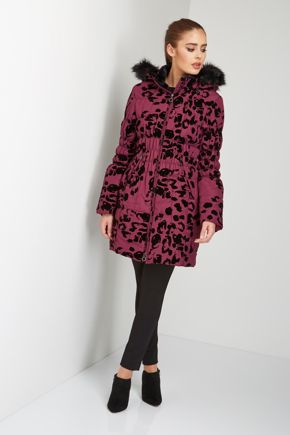 Quilted Flocked Parka Coat with Faux Fur in Red - Roman Originals UK