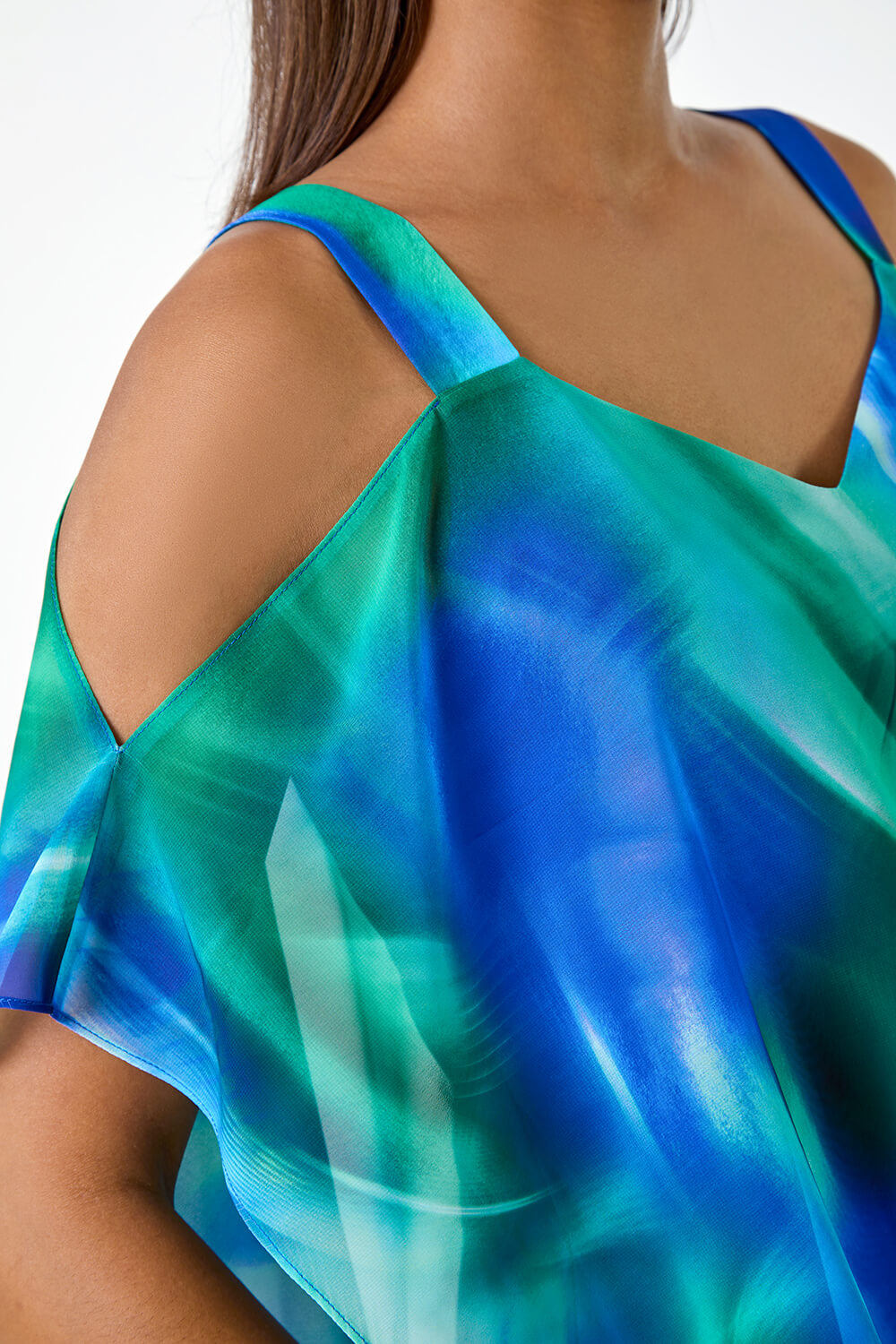 Blue Abstract Print Cold Shoulder Overlay Top | Roman UK