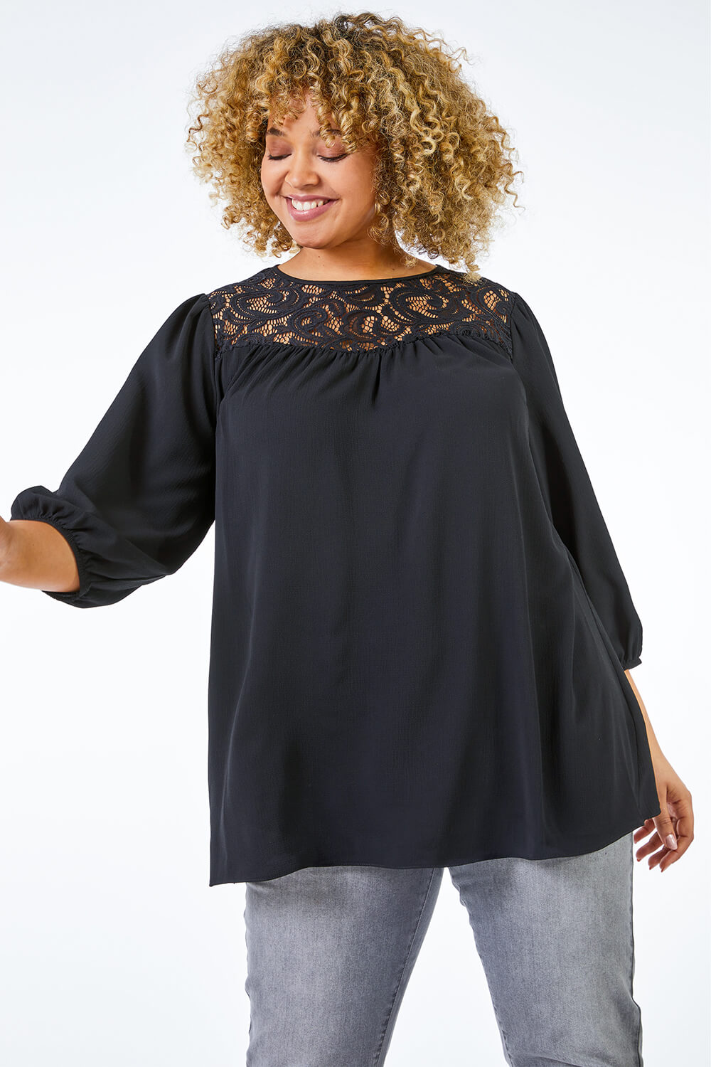 Curve Lace Panel Stretch Top in Black - Roman Originals UK