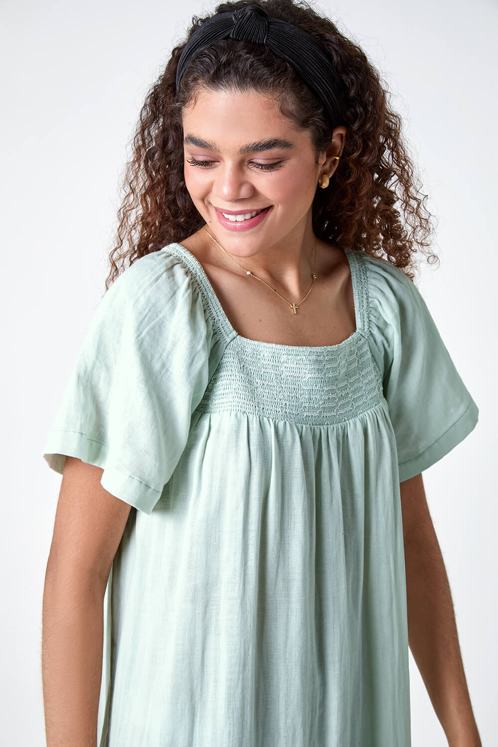 Sage Embroidered Cotton Midi Smock Dress | Roman UK