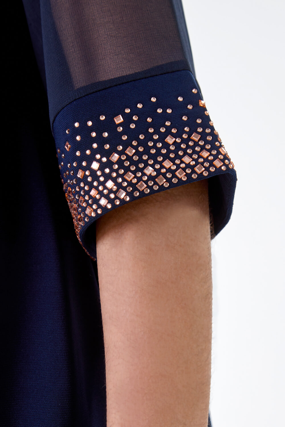 Midnight Blue Sparkle Embellished Cuff Chiffon Top | Roman UK