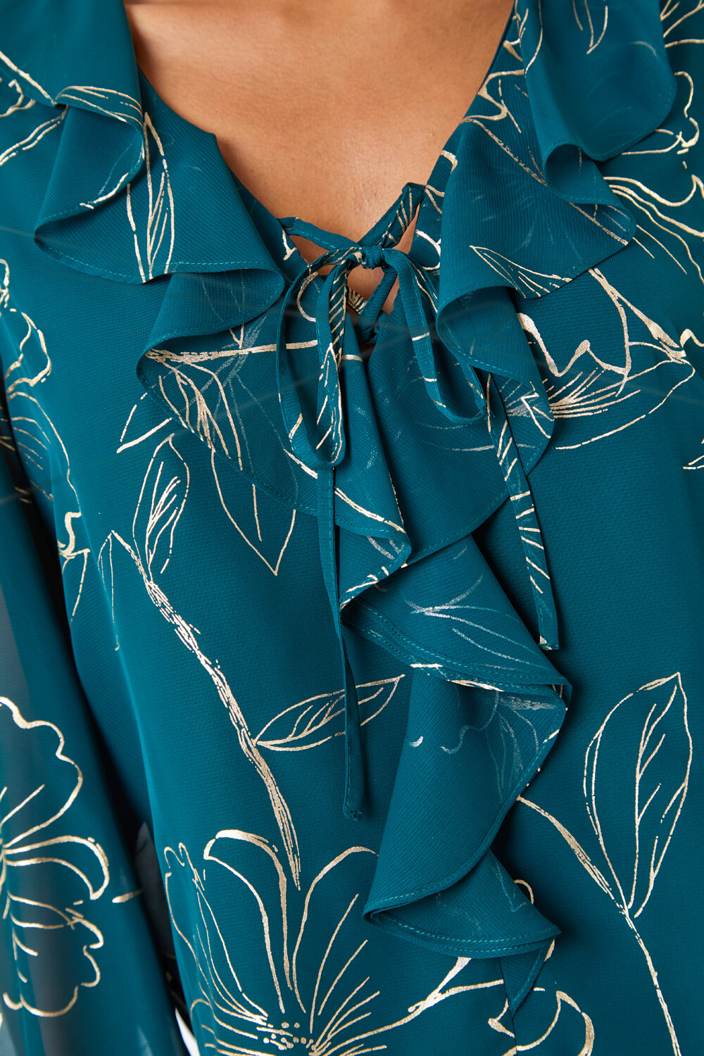 Blue Metallic Floral Print Ruffle Top | Roman UK