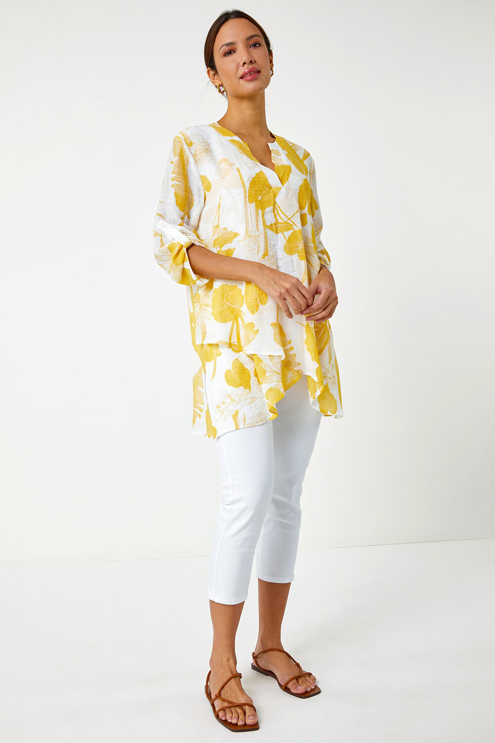 Palm Print Wrap Hem Tunic Top in Yellow - Roman Originals UK
