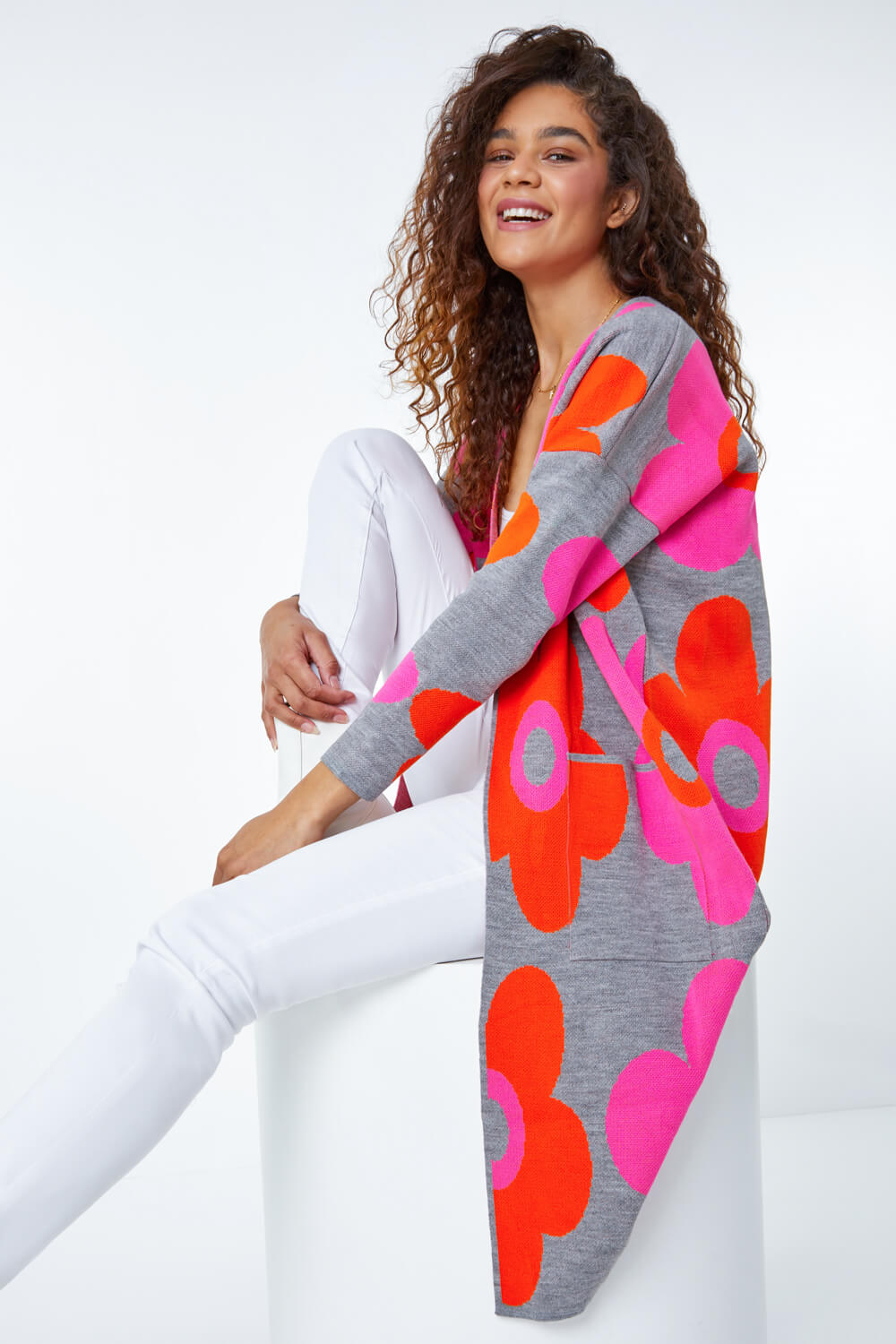 Floral Print Longline Coatigan in Grey - Roman Originals UK