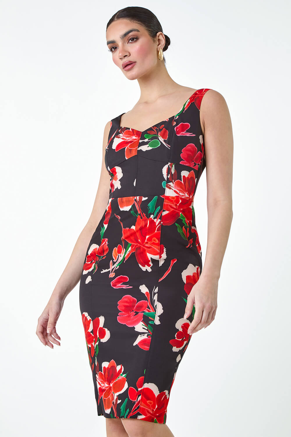 Red Floral Corset Detail Stretch Dress | Roman UK