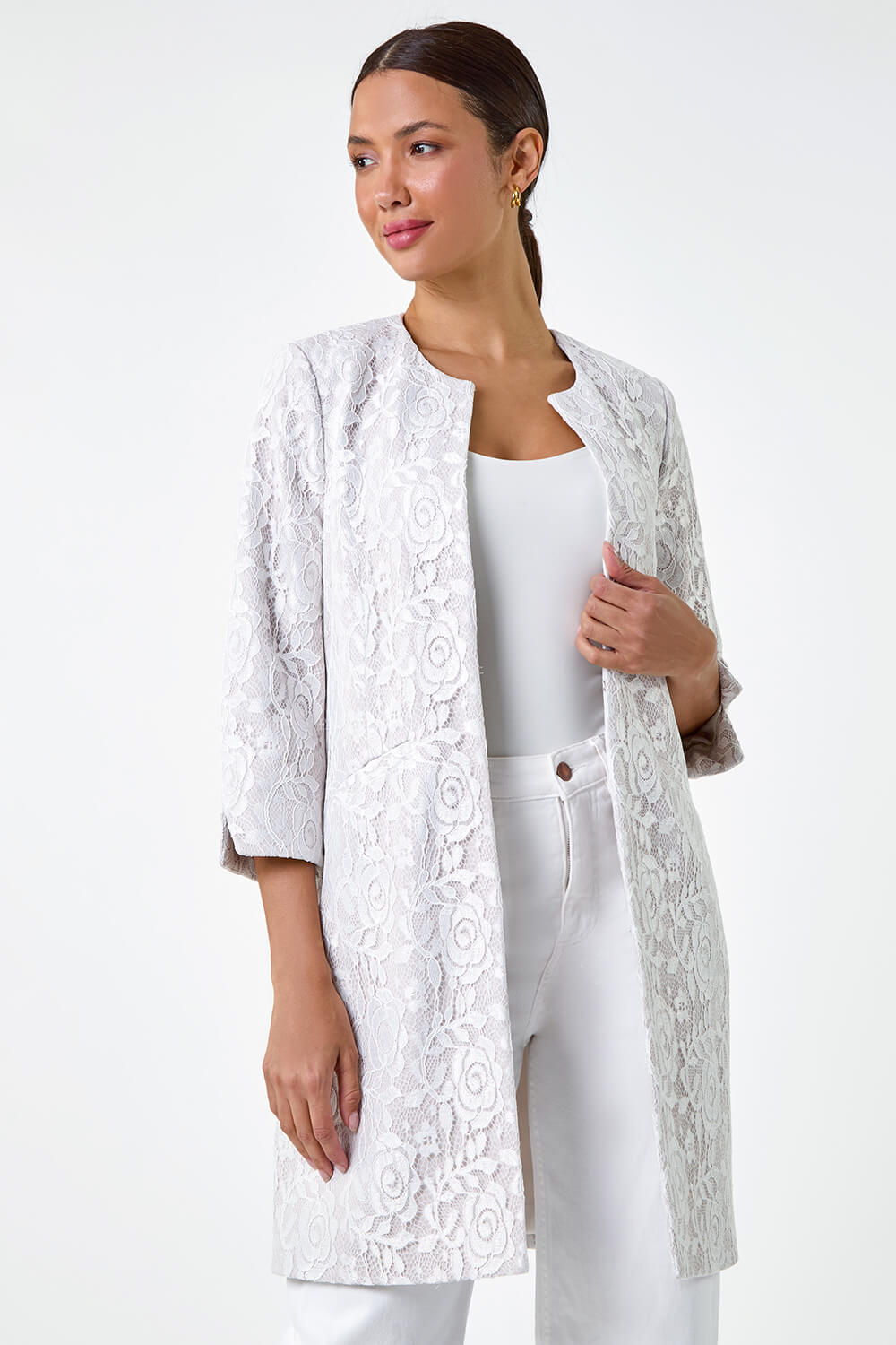 Ivory Lace Longline Formal Jacket | Roman UK