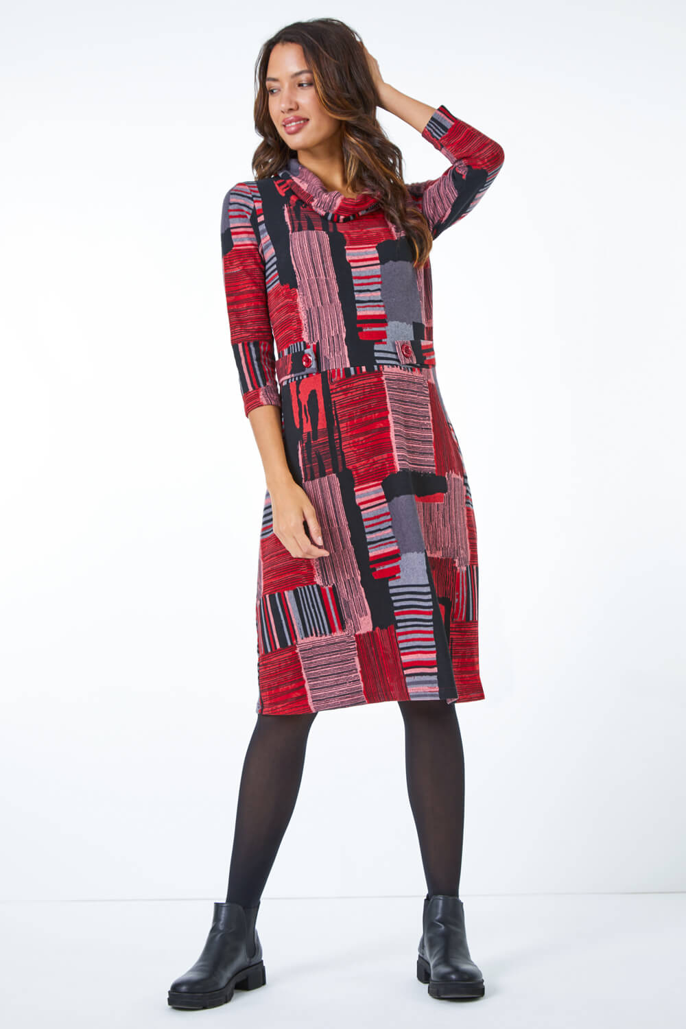 Patchwork Cowl Neck Button Dress in Red - Roman Originals UK