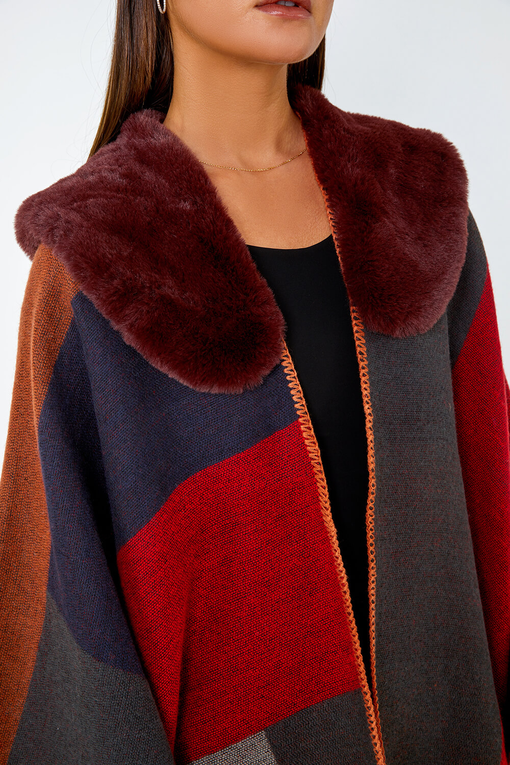 Red One Size Faux Fur Check Shawl | Roman UK