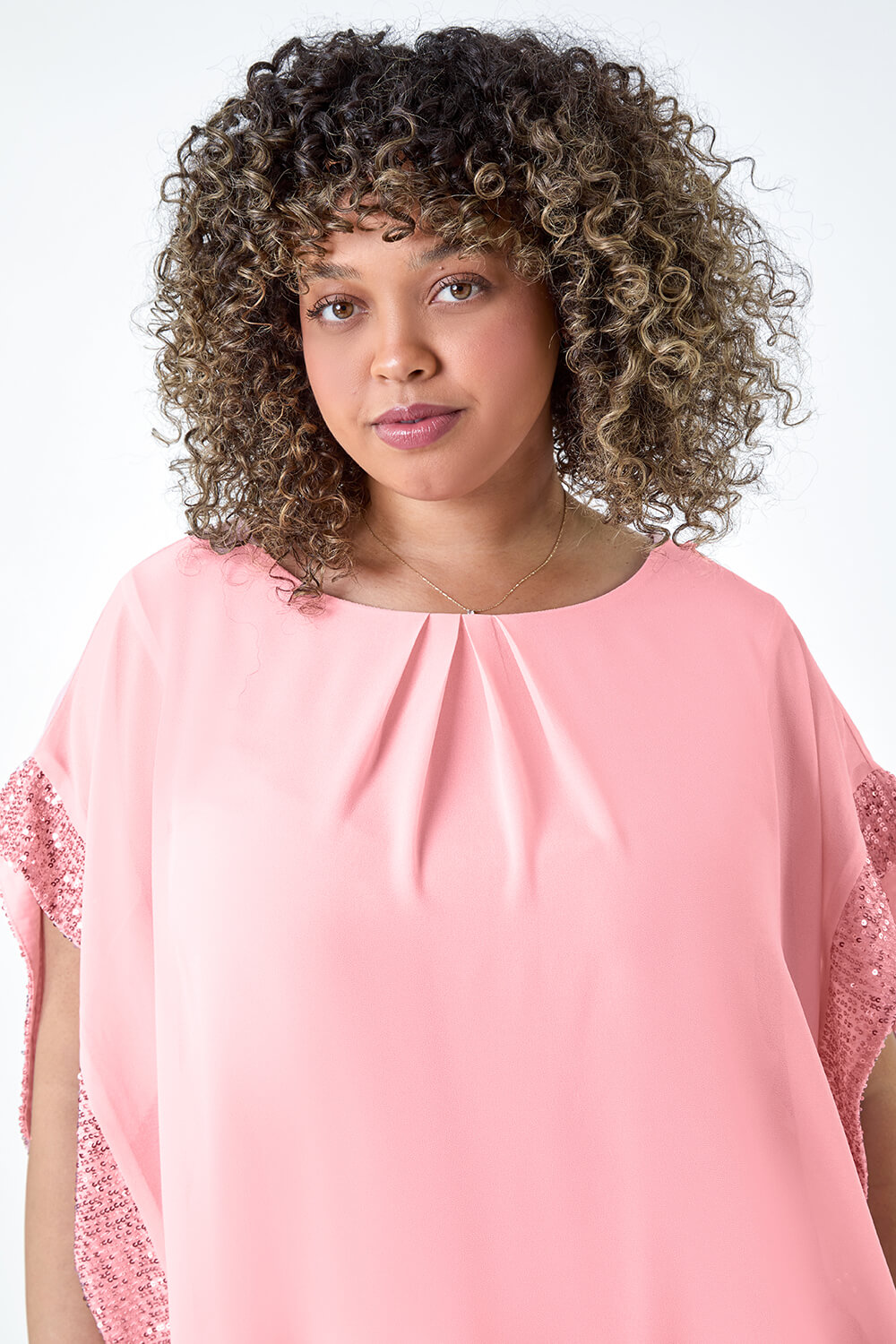 Light Pink Curve Sequin Trim Chiffon Overlay Top | Roman UK