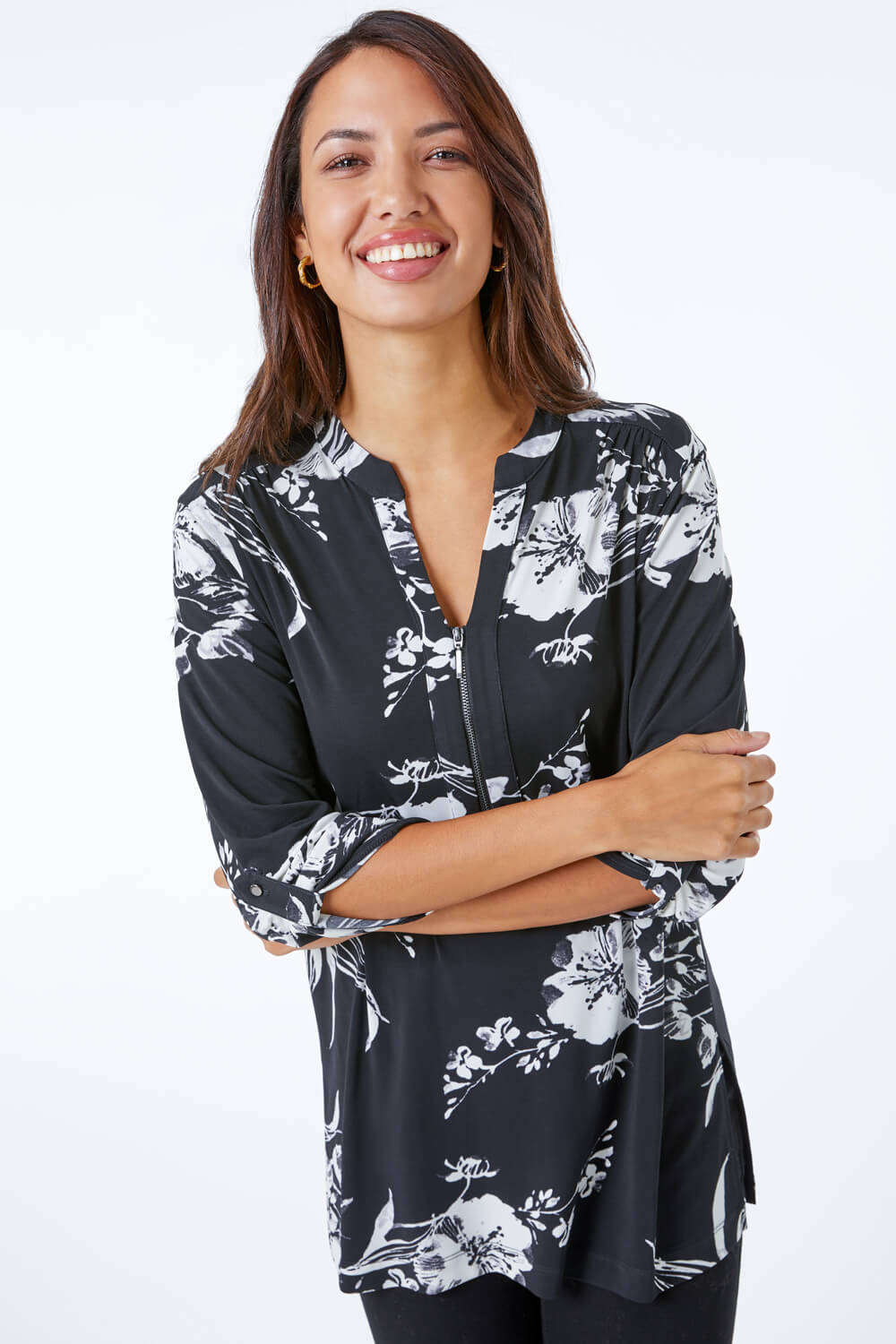 Floral Zip Detail Jersey Top in Black - Roman Originals UK