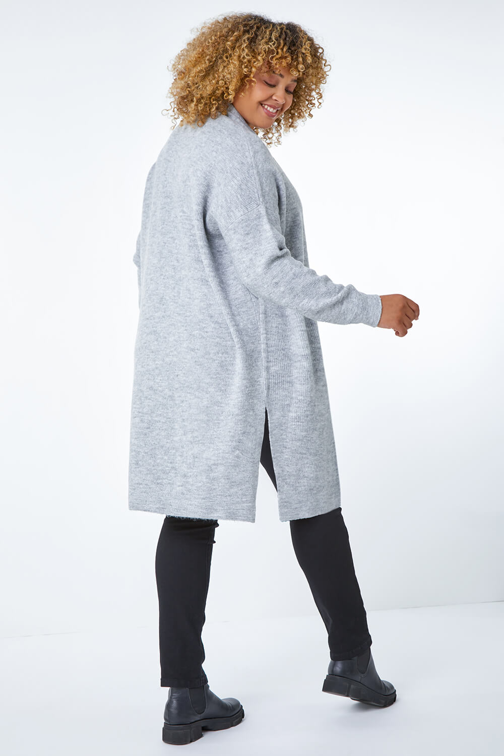 Curve Longline Collared Cardigan in Grey - Roman Originals UK