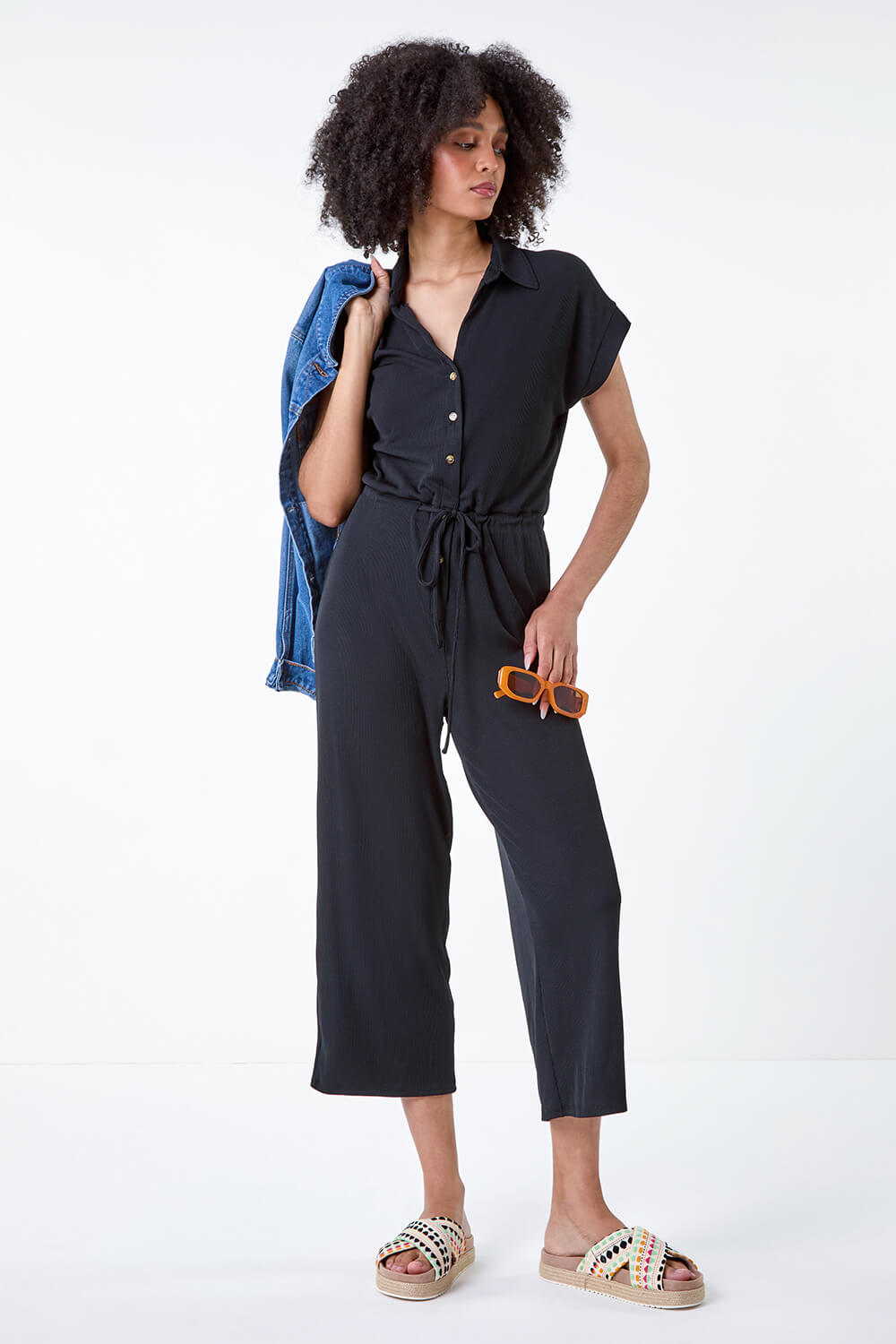 Black Plain Ribbed Stretch Jersey Jumpsuit | Roman UK