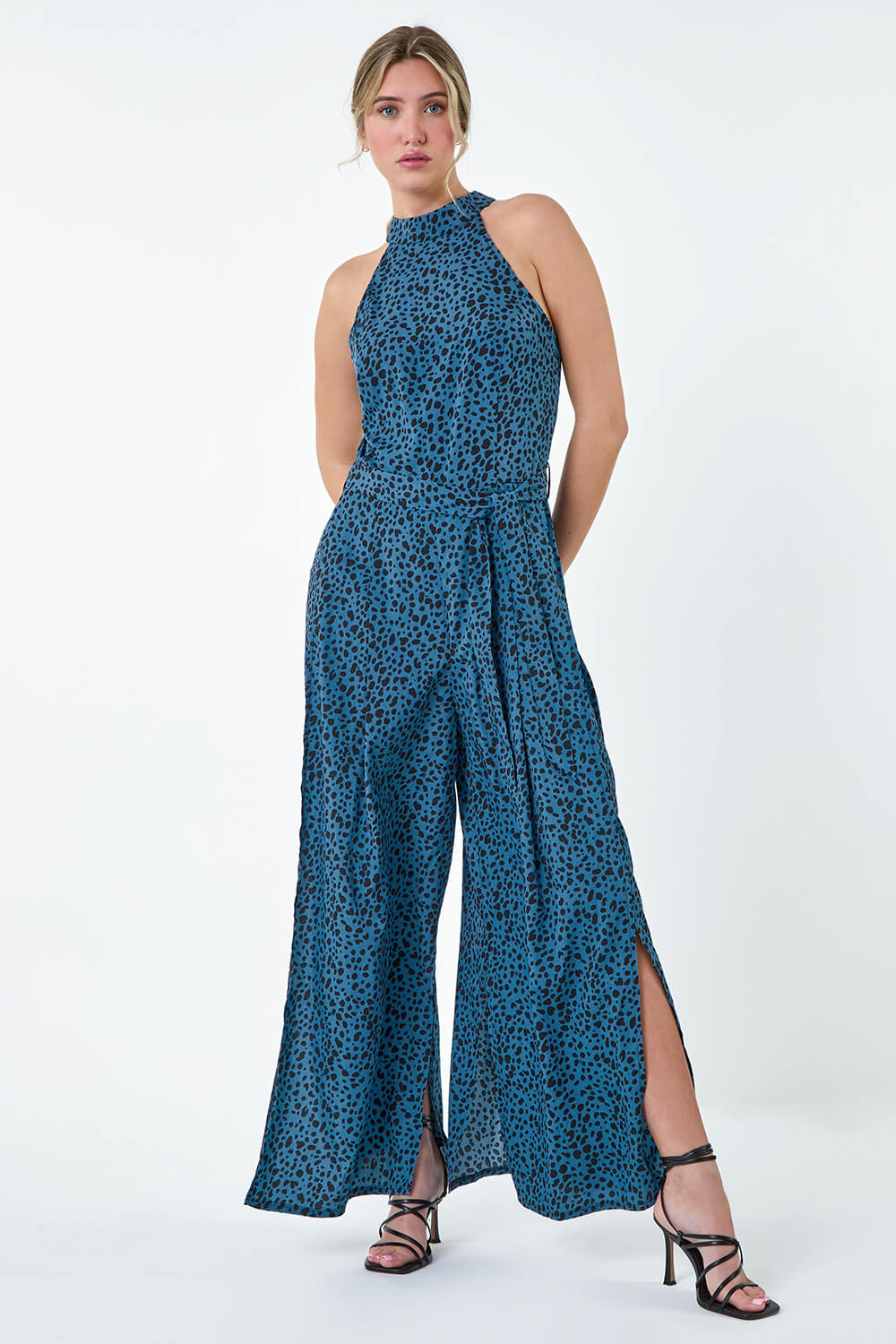 Royal Blue Spot Halter Neck Side Split Jumpsuit | Roman UK