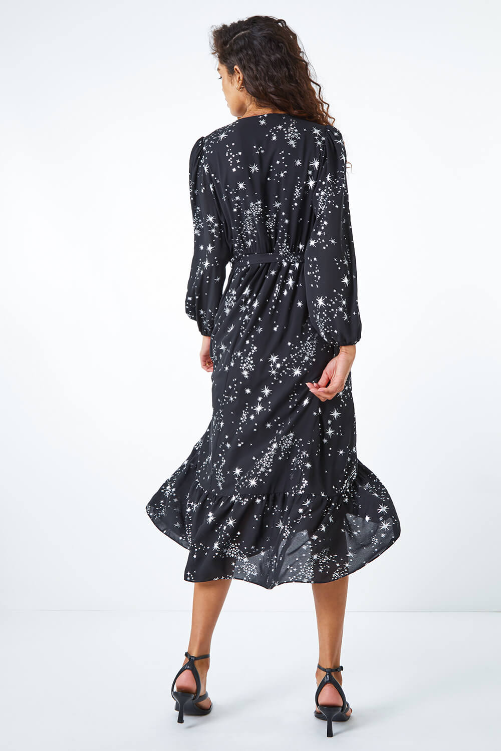 Metallic Star Wrap Midi Dress in Black - Roman Originals UK