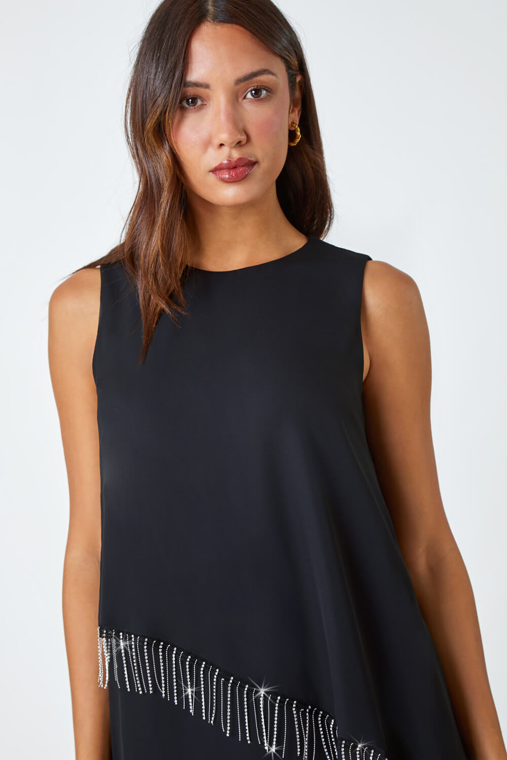 Black Diamante Trim Asymmetric Overlay Dress | Roman UK
