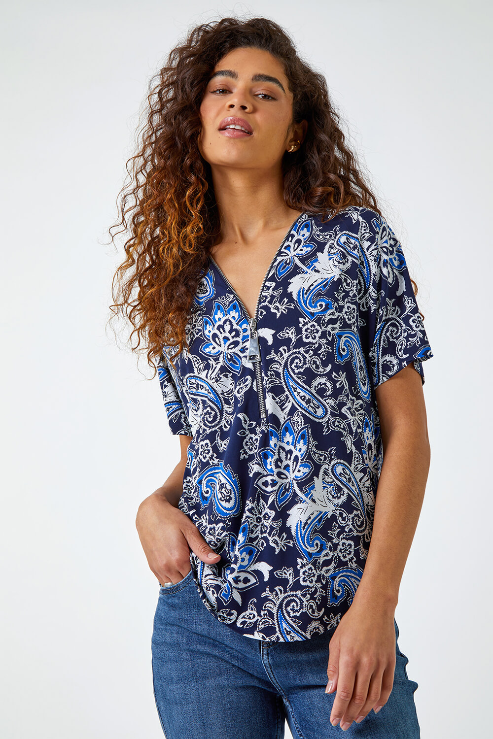 Textured Paisley Print Zip Front Top in Navy - Roman Originals UK