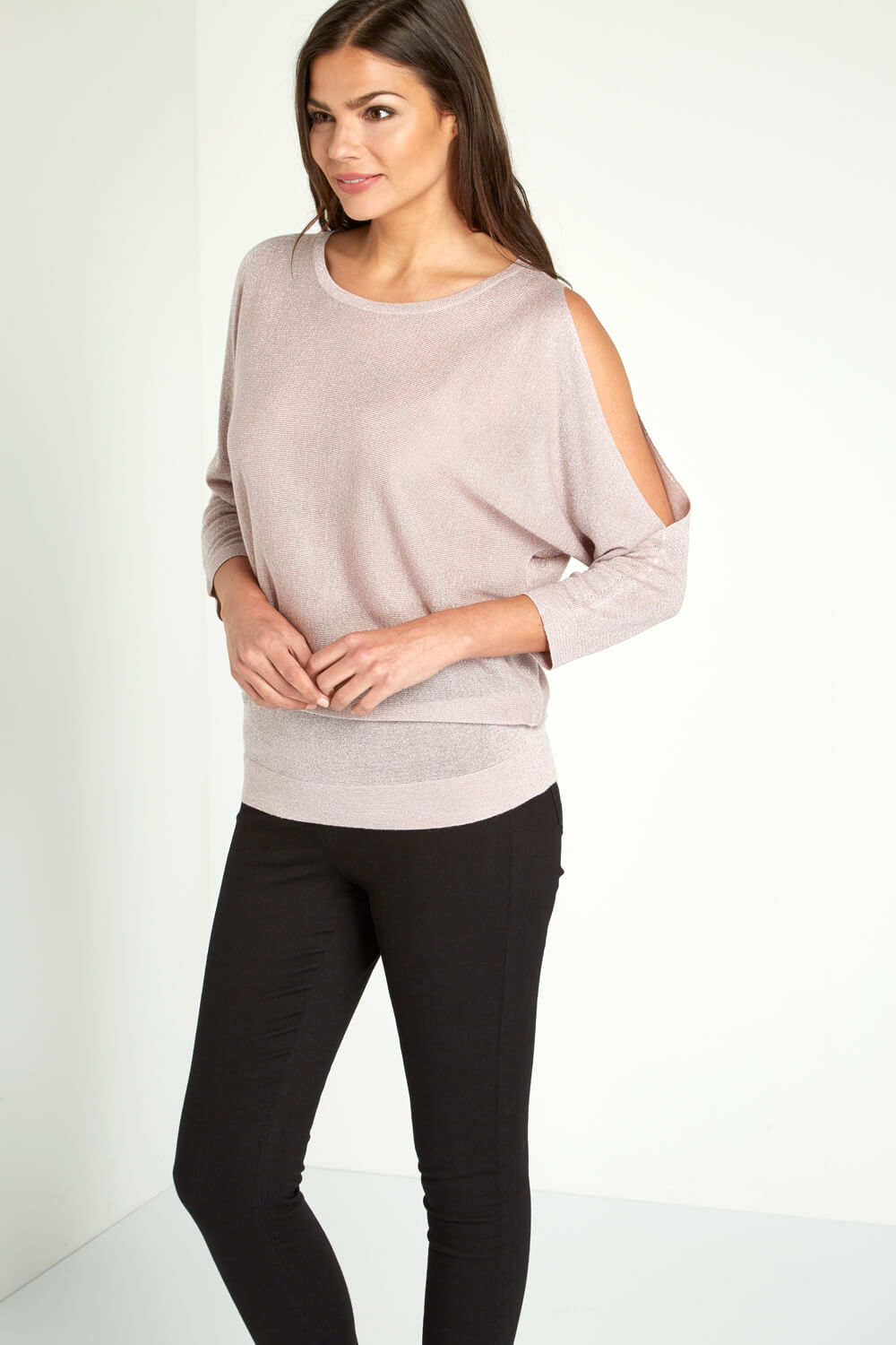 Cold Shoulder Metallic Jumper in Light Pink - Roman Originals UK