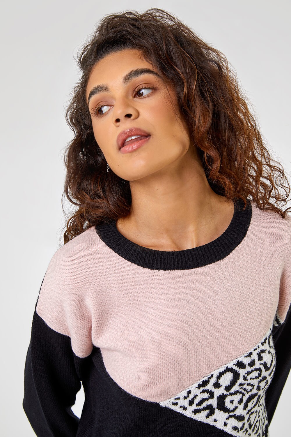 Colour Block Animal Print Jumper in Pink - Roman Originals UK