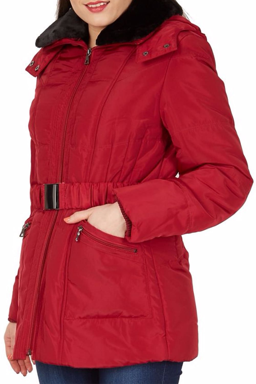David Barry Ladies Faux Fur Collar Jacket in Red - Roman Originals UK