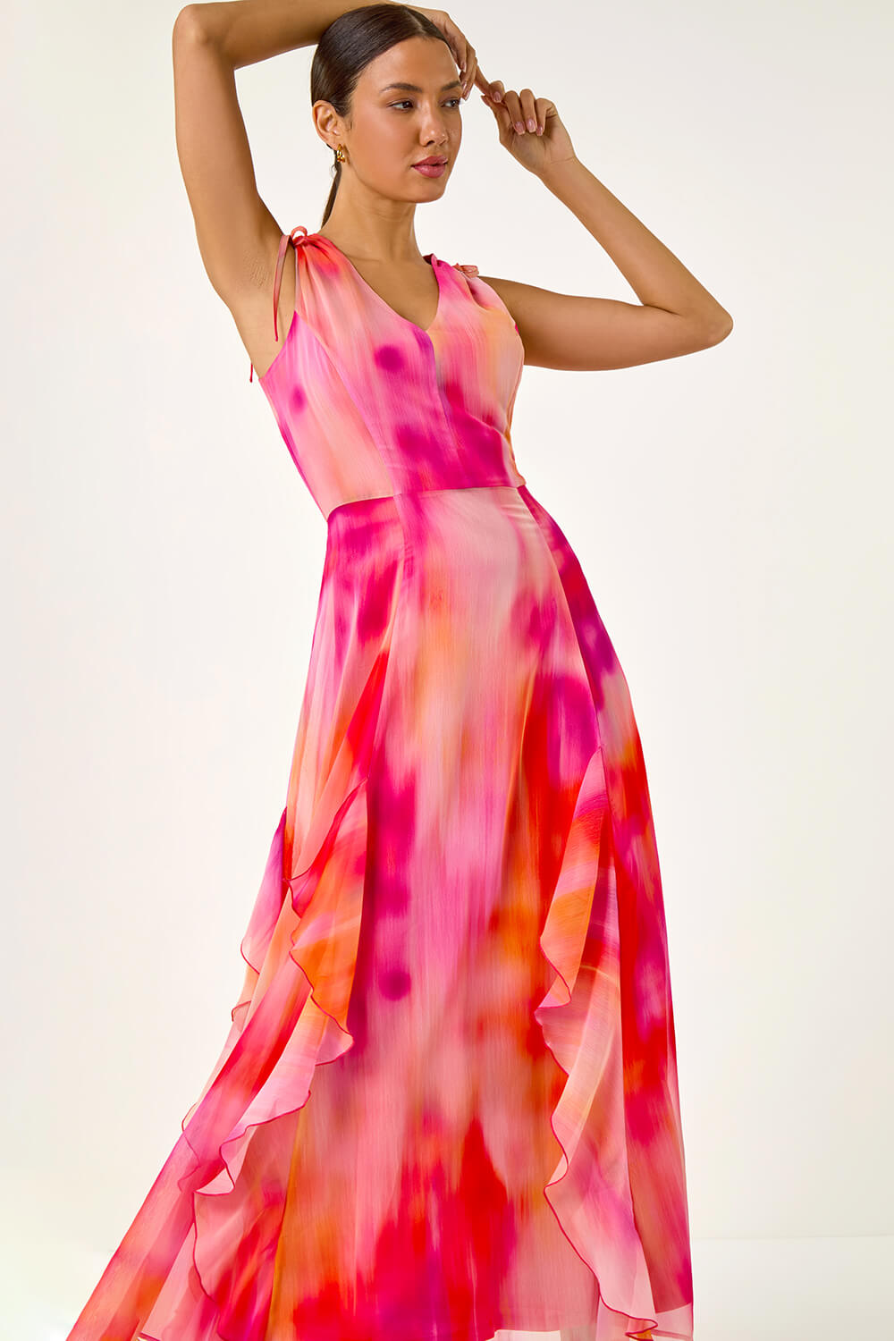 Cerise Abstract Print Frill Maxi Dress | Roman UK