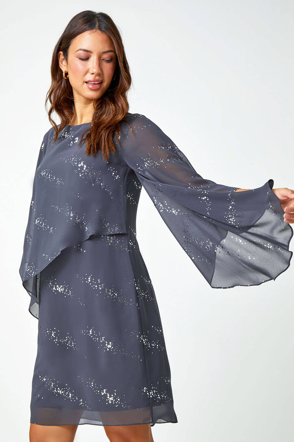 Grey Sequin Embellished Asymmetric Overlay Dress | Roman UK