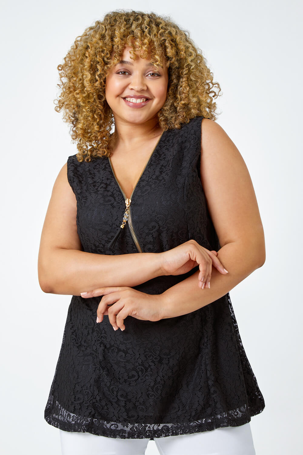 Black Curve Zip Detail Lace Top | Roman UK