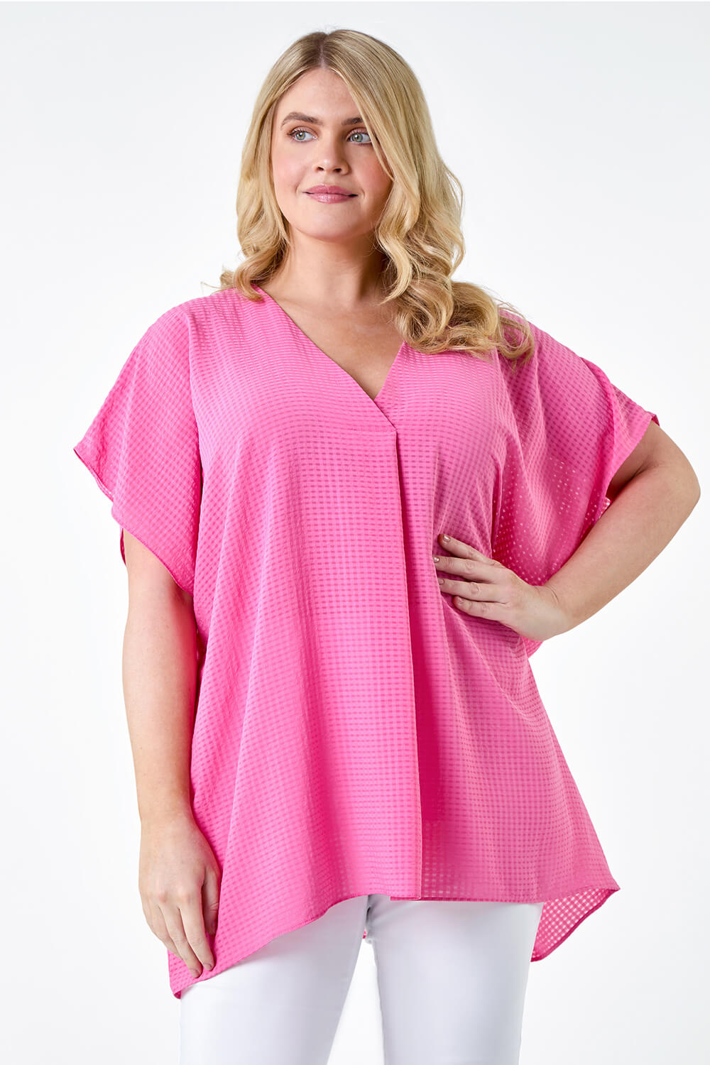 Pink Curve Textured Plain Pleat Front Top | Roman UK