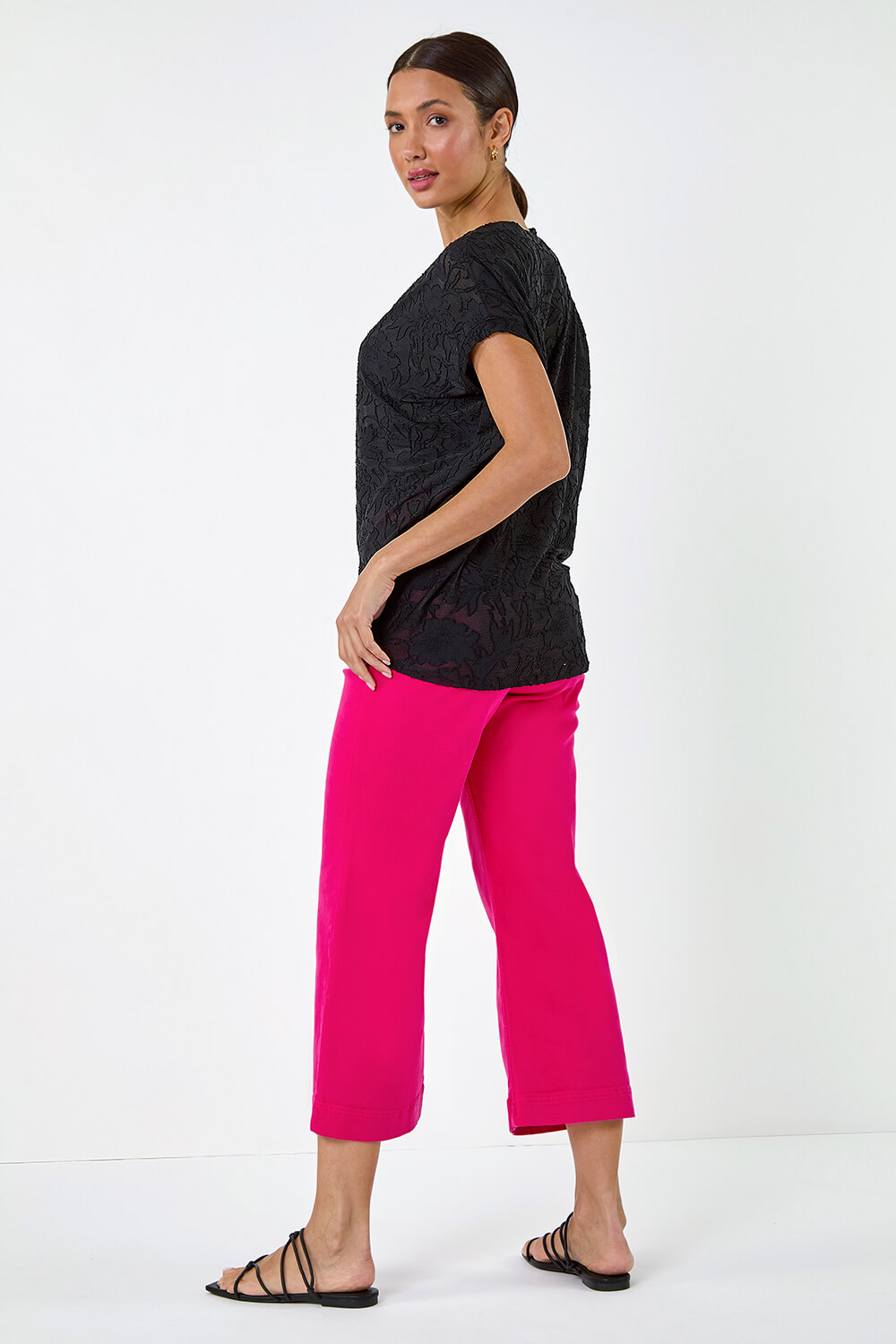 Black Textured Floral Stretch Cocoon Top | Roman UK