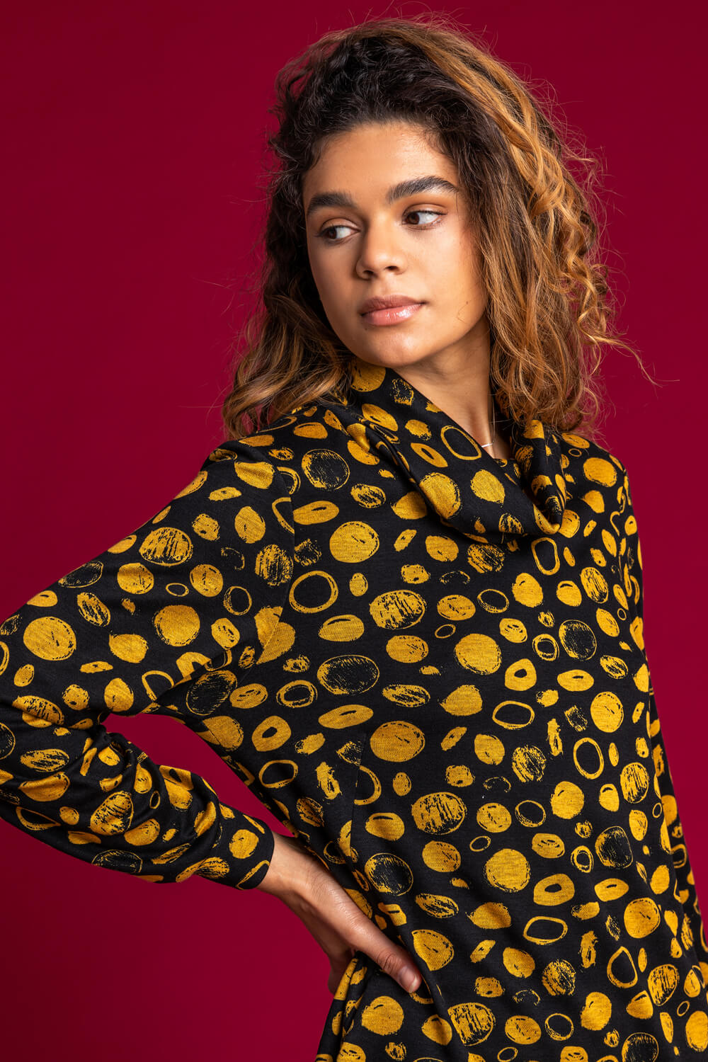 Cowl Neck Spot Dress in Amber - Roman Originals UK