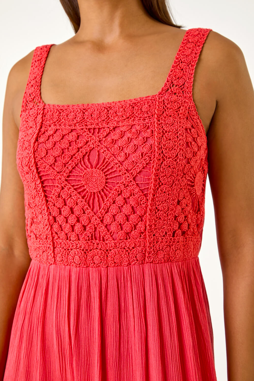 Red Crochet Detail Cotton Blend Maxi Dress | Roman UK