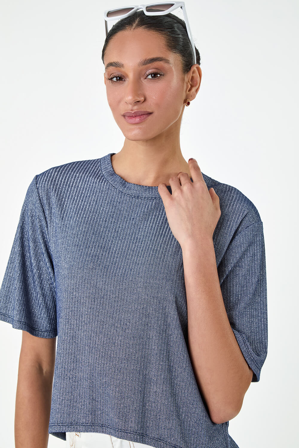 Steel Blue Metallic Shimmer Ribbed Stretch T-Shirt | Roman UK
