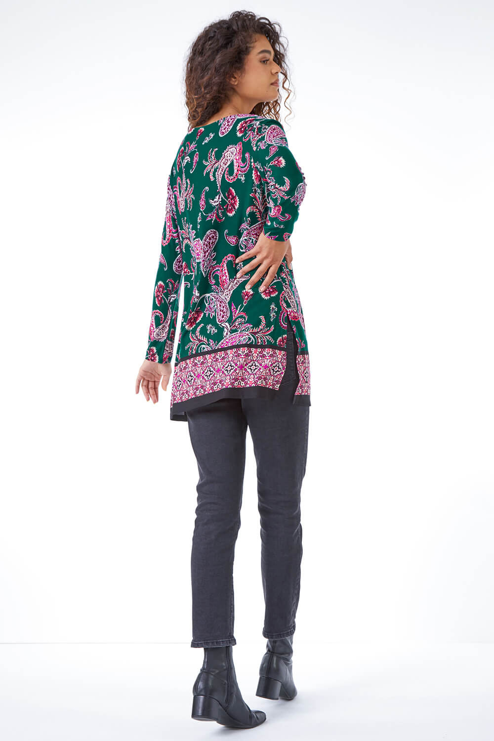 Paisley Print Longline Stretch Tunic in Green - Roman Originals UK
