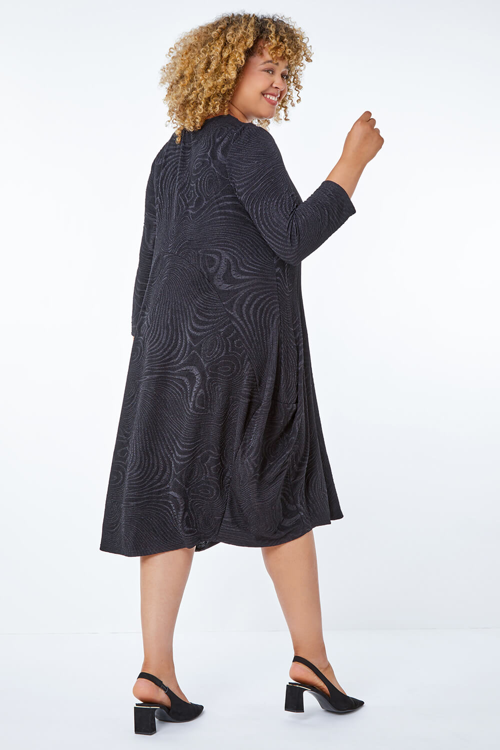 Curve Swirl Texture Cocoon Dress in Black - Roman Originals UK