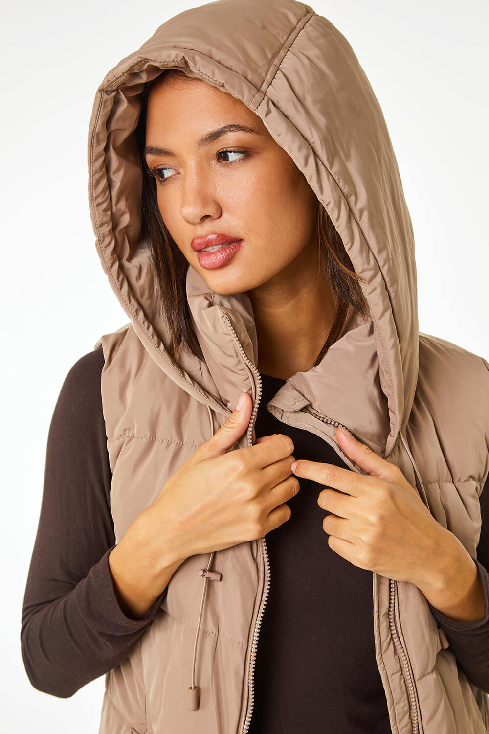 Longline Hooded Gilet in Beige - Roman Originals UK