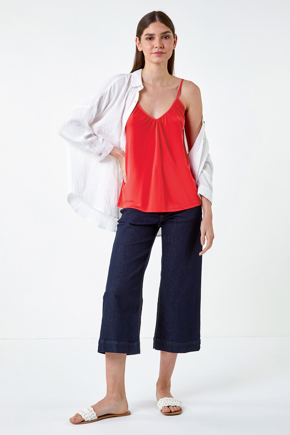 Coral Gathered V-Neck Stretch Vest Top | Roman UK