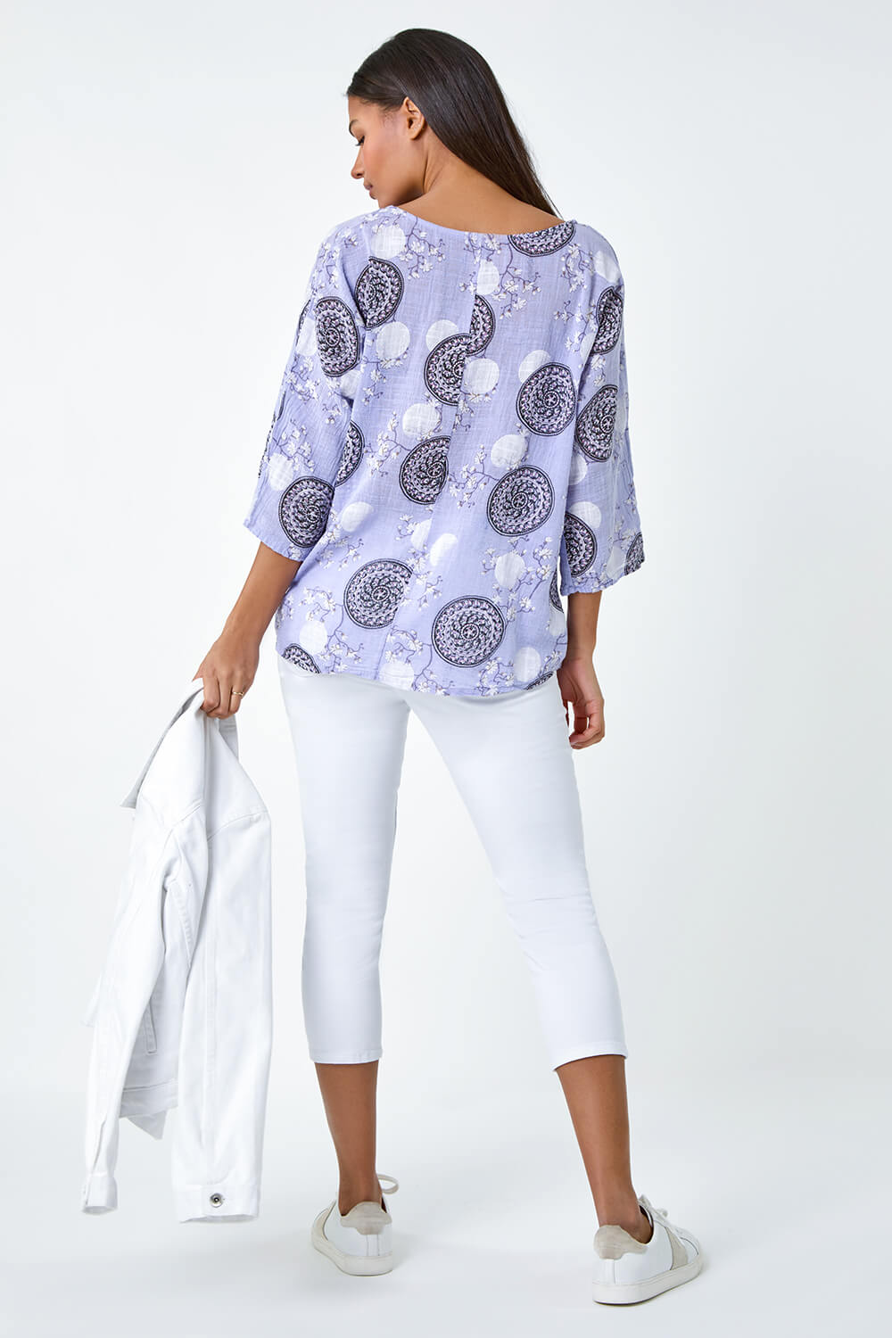 Lilac Floral Embroidered Cotton Tunic Top | Roman UK