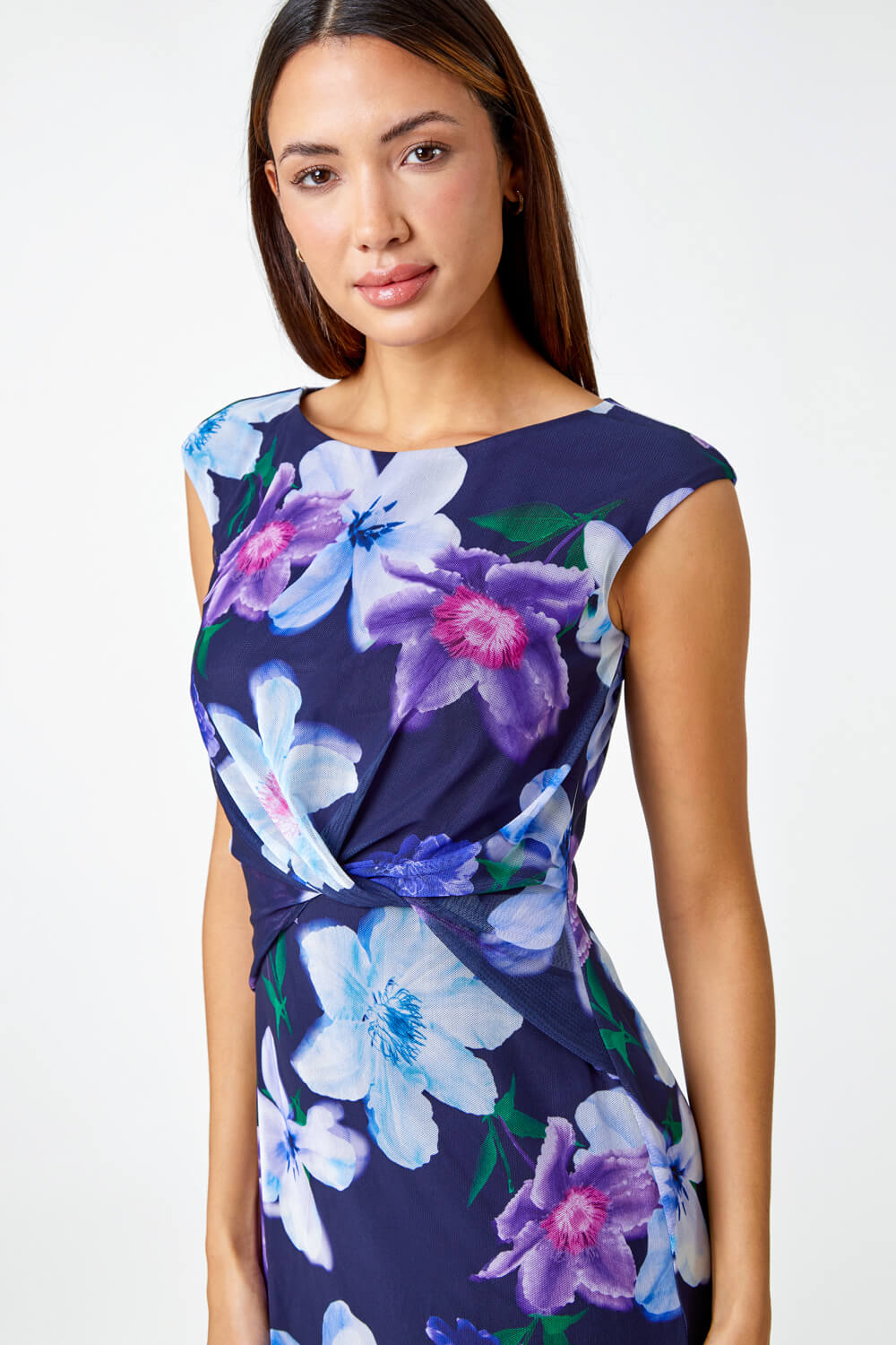 Navy Floral Print Twist Detail Midi Dress | Roman UK