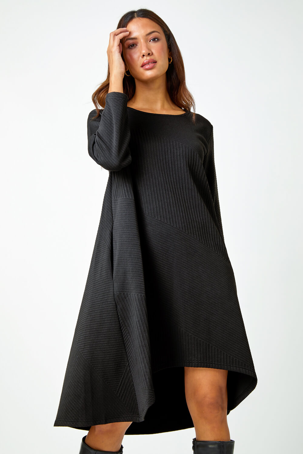 Black Ribbed Asymmetric Stretch Dress | Roman UK