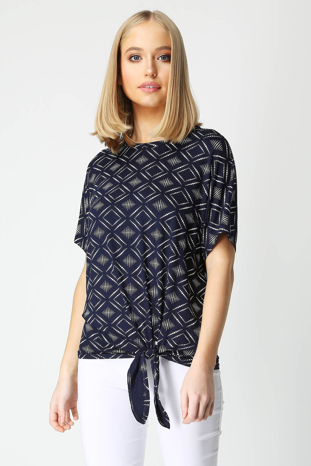 Geometric Print Tie Front Top In Navy Roman Originals Uk