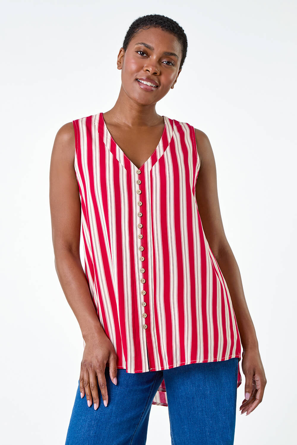Red Stripe Print Button Detail Vest Top | Roman UK