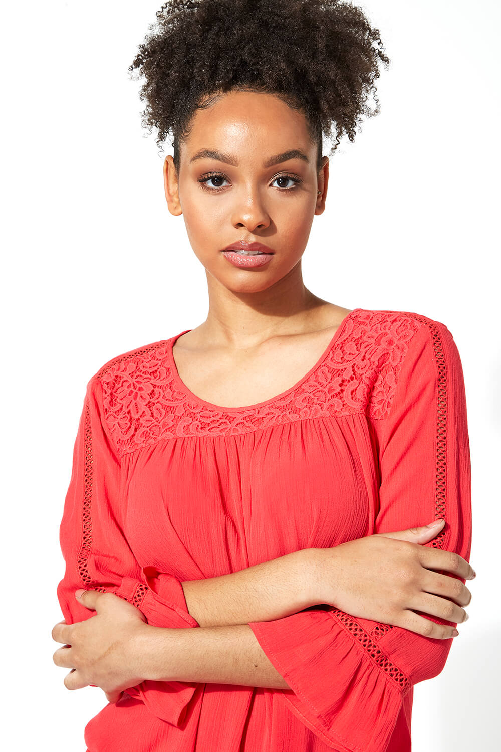 Lace Detail Crinkle Smock Top In Cerise Roman Originals Uk