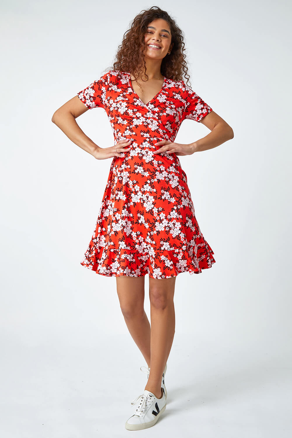 Red Floral Print Wrap Stretch Dress | Roman UK