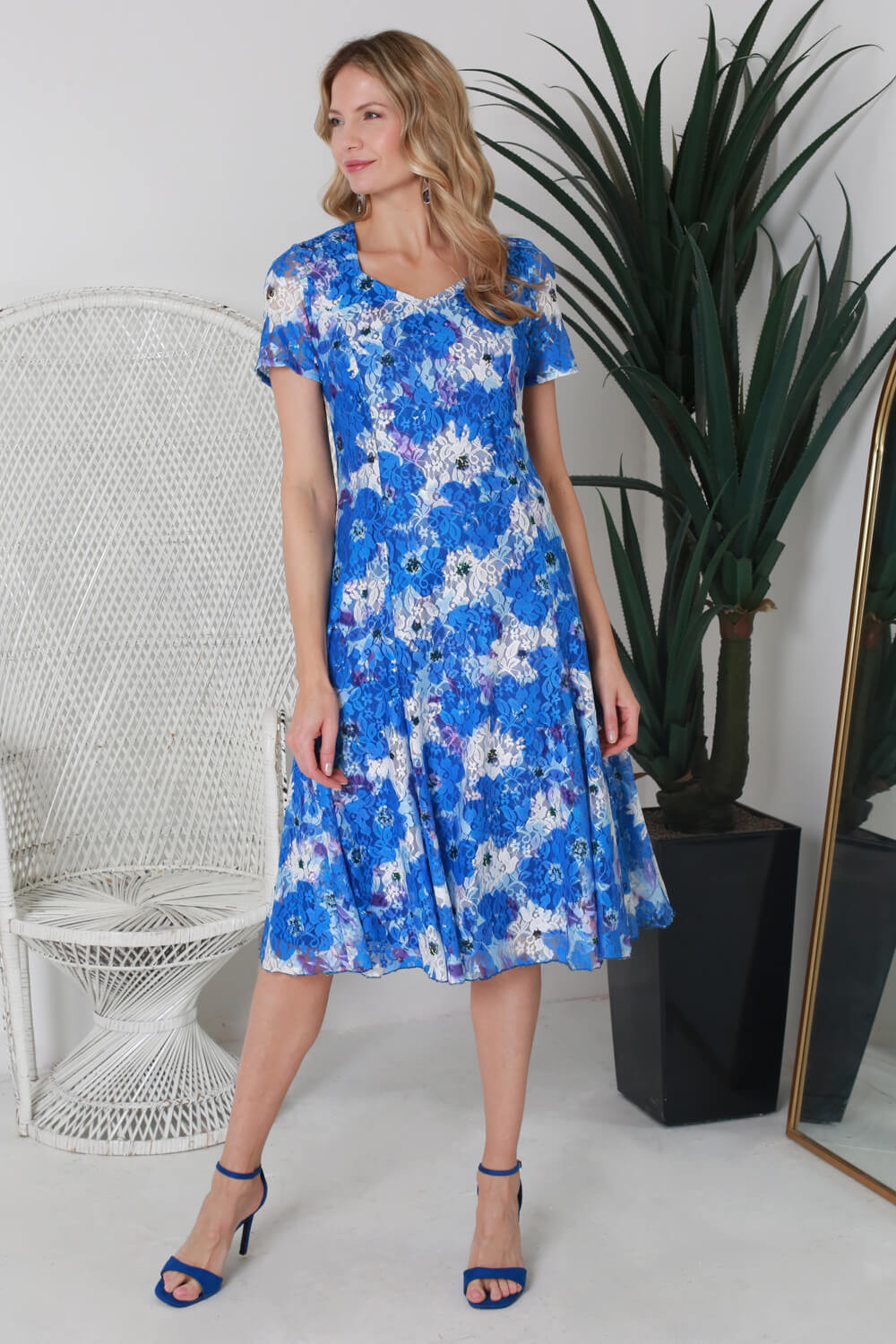 Royal Blue Julianna Floral Lace Panel Dress | Roman UK